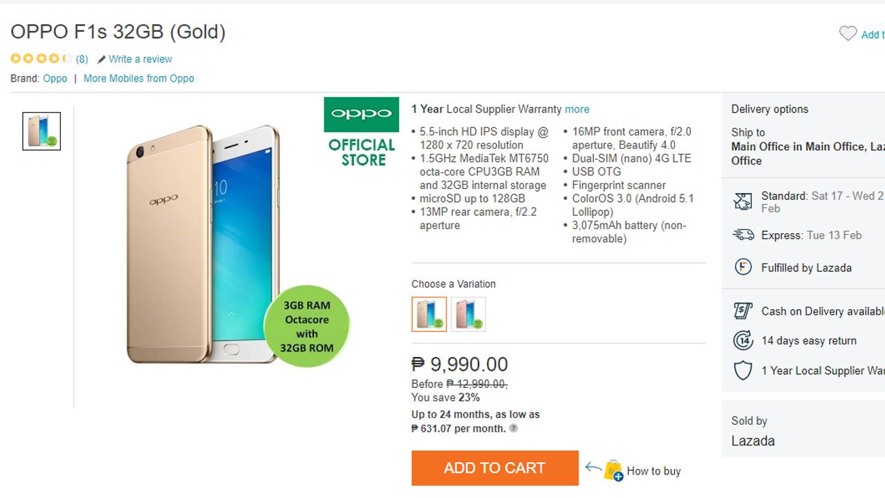 OPPO F1s 32GB gets price cut, now Php8,990